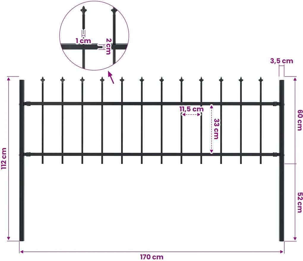 Zahradní plot Woerden s kopím nahoře ocelový 170 x 60 cm černý 144923