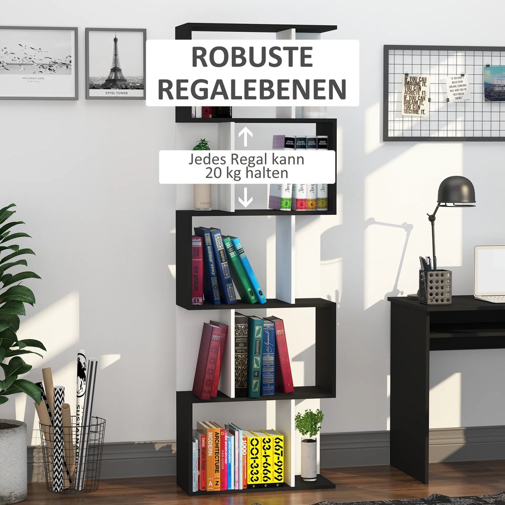 HOMCOM 5-patrová knihovna ve tvaru S, moderní design pro obývací pokoj a kancelář 60x24x184,5 cm Černá a bílá