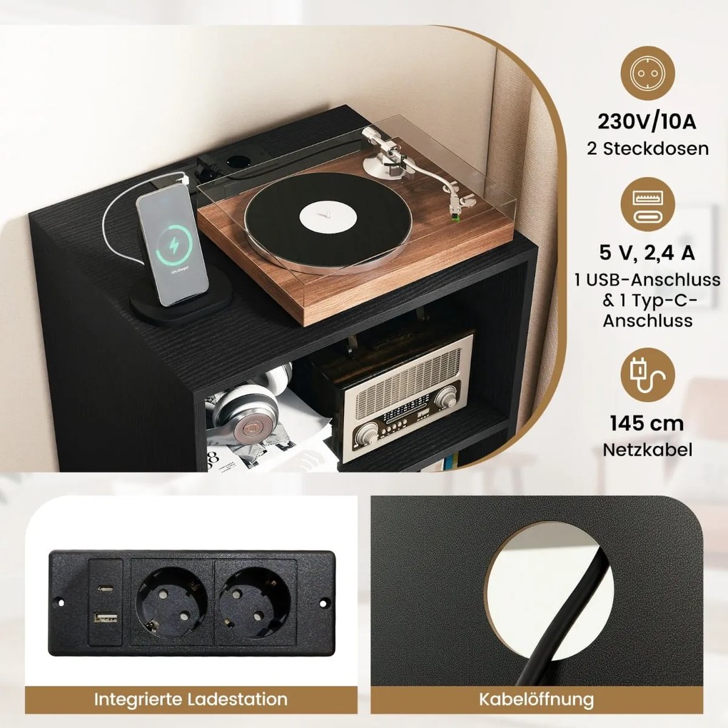 Costway Stojan na gramofon s nabíjecí stanicí Vinylová úložná