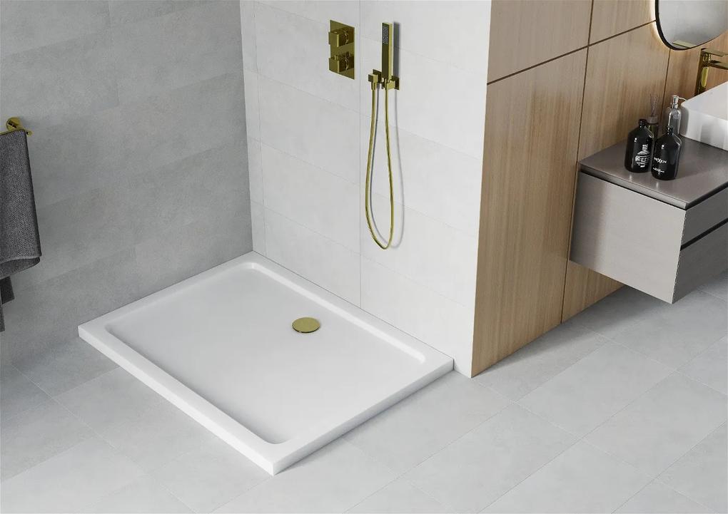 Mexen SLIM - Obdélníková sprchová vanička 110x70x5cm + zlatý sifon, bílá, 40107011G