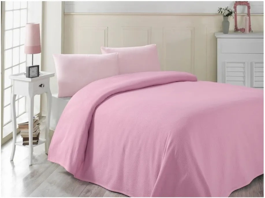 Růžový bavlněný lehký přehoz přes postel Pembe, 200 x 230 cm