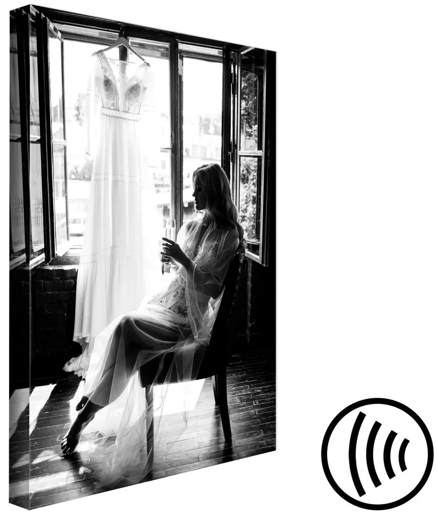 Obraz Žena a svatební šaty - černobílá fotografie s sedící ženou