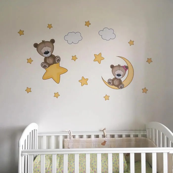 INSPIO Dětské samolepky na zeď - Plyšoví medvídci s hvězdami a měsícem