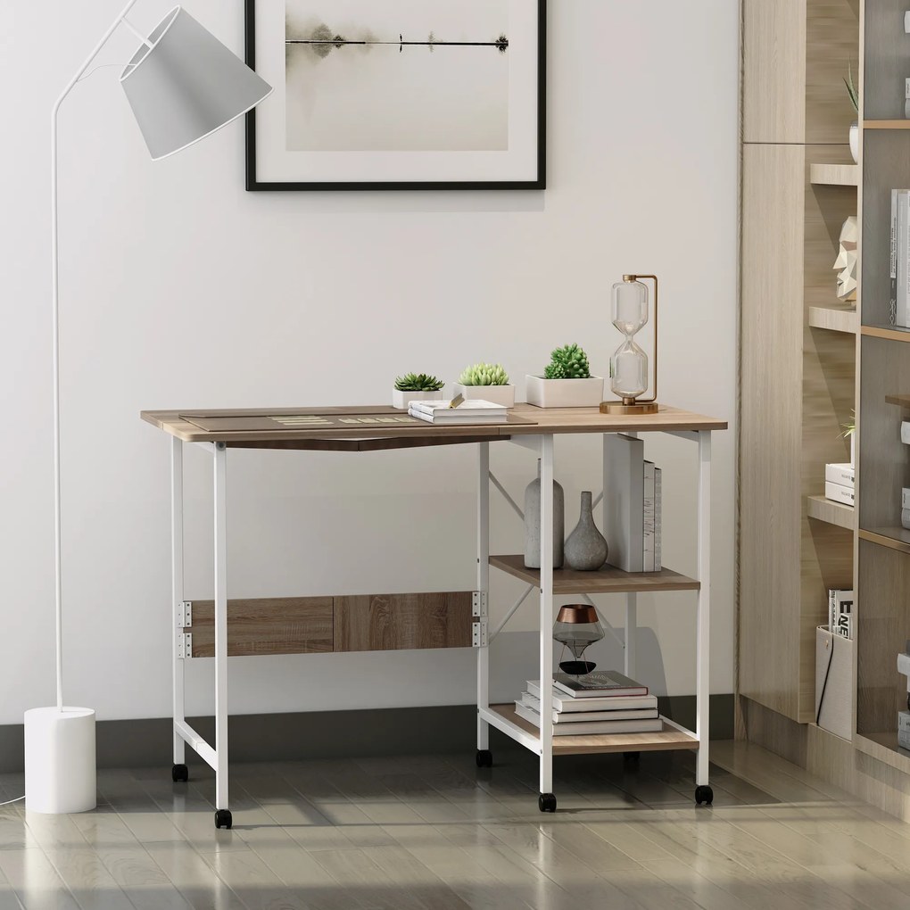 HOMCOM Skládací stůl Pojízdný stůl na kolečkách, odkládací stolek, MDF, přírodní, 107x55x76cm
