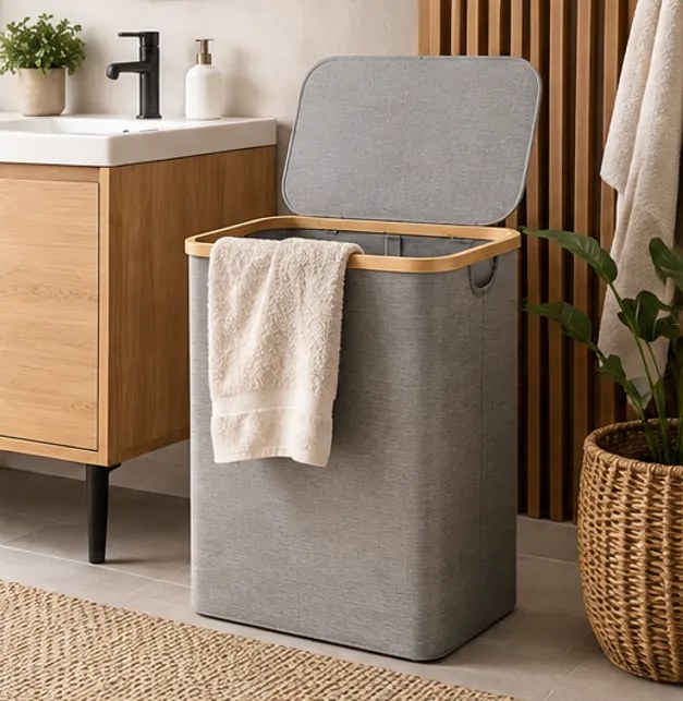 koš na prádlo, objem 100+ l, s víkem, 2 odnímatelné tašky, látka/bambus, 75x43x32 cm, šedá/přírodní, Dekorino KP20260003