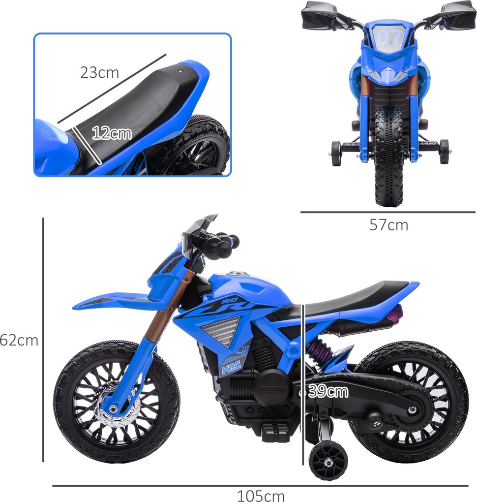 AIYAPLAY Elektrická motorka pro děti 3+ let, 12V, bateriová motorka s tréninkovými kolečky, twist throttle a klakson, nosnost 30 kg, modrá