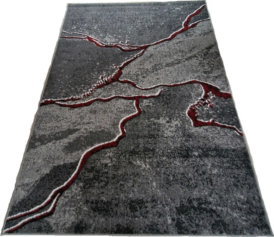 HU Šedý abstraktní obdélníkový koberec NEW IDEA 90321-0564 – imitace mramoru s červenými žilkami Rozměr: 50x80 cm