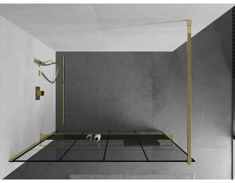 Mexen Kioto+, sprchová zástěna s poličkou a držákem na ručníky 140 x 200 cm, 8mm čiré sklo vzor černý, zlatý profil, 800-140-121-50-77
