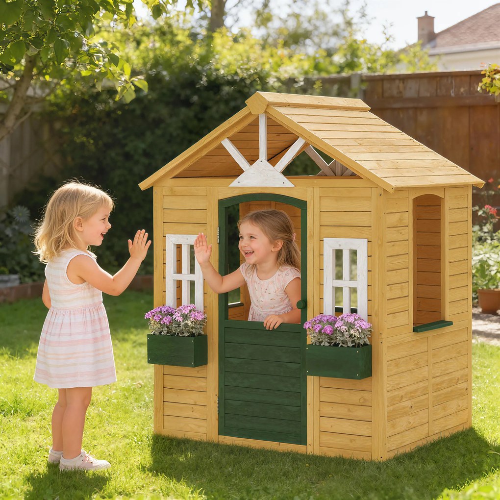 Dětský domek na hraní Dřevěný venkovní domek na hraní s dveřmi 3 okny 2 truhlíky na květiny pro děti od 3 do 8 let 134,5 x 97 x 150 cm Hnědá barva