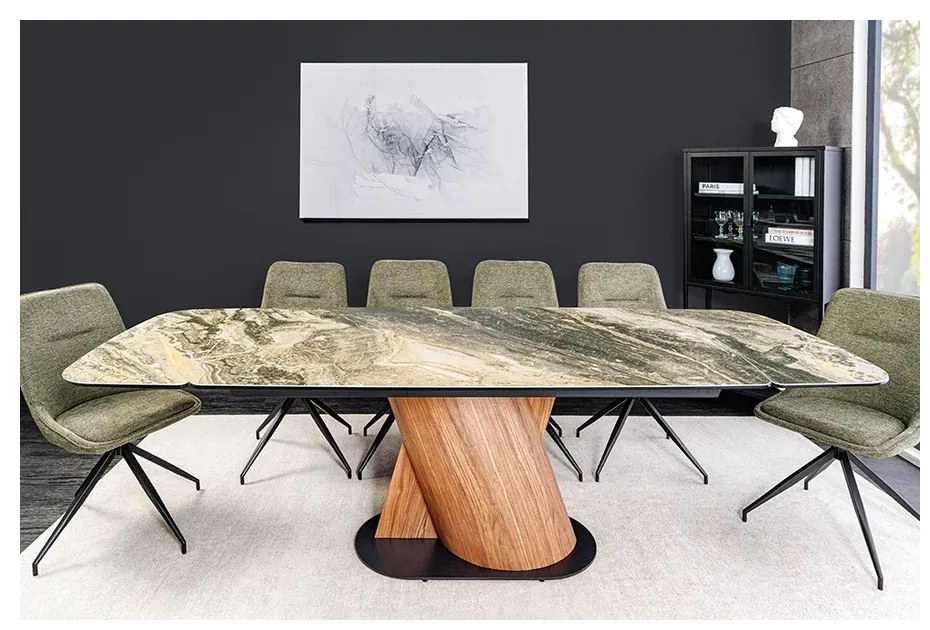 Massive home | Jídelní stůl ELEMENTS 180-260 cm rozkládací, ořechový rám s keramickou deskou, taupe béžový mramorový vzhled