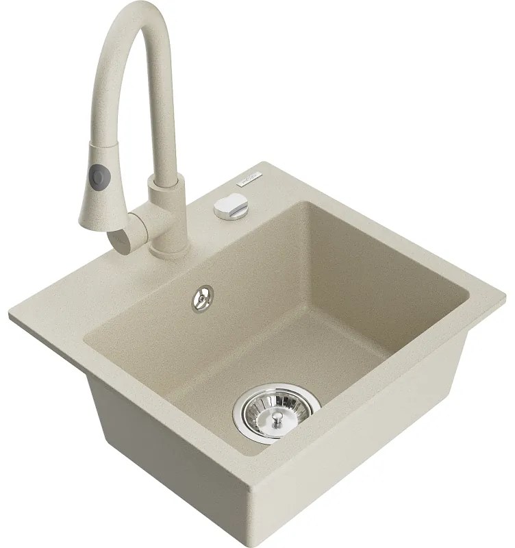 Mexen Milo, 1-komorový granitový dřez 435x410x171 mm a dřezová baterie Elia, béžová, 6505-69-670101-69