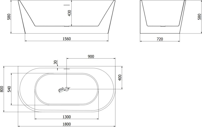 Mexen Oval, volně stojící nástěnná vana 180 x 80 cm, bílá, zlatý lesklý přepad, 52671808000-50