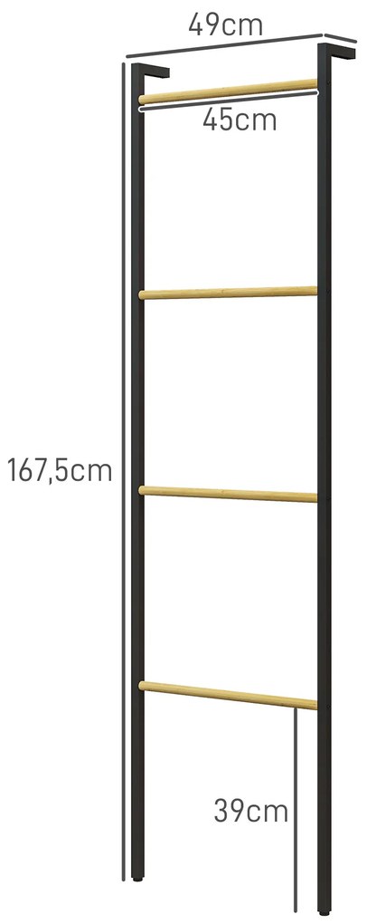 HOMCOM Žebřík na ručníky 49 x 167,5 cm Držák na ručníky se 4 tyčemi šetřící místo na ručníky oblečení deky noviny z oceli Černá | Aosom.de