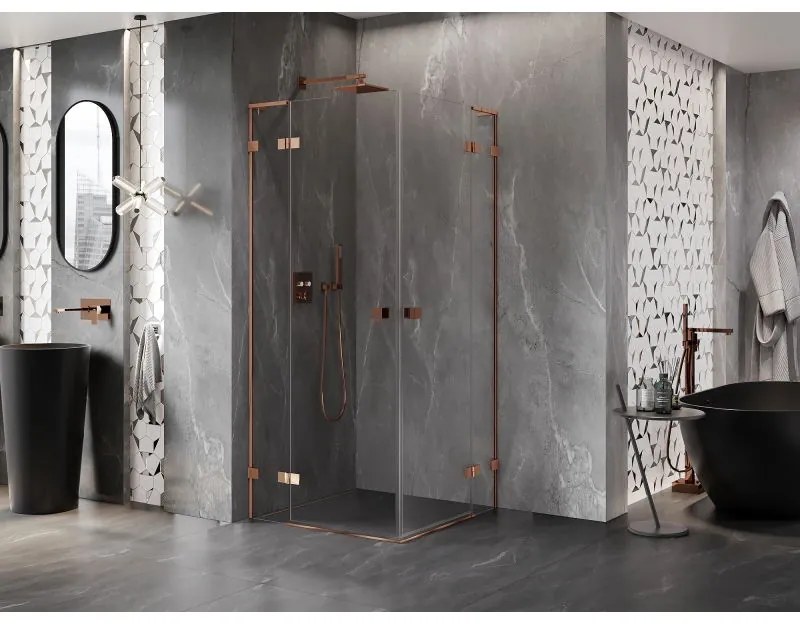 Mexen Lunar, L Duo výklopný sprchový kout 120 x 120 cm, 8mm čiré sklo, profil růžové zlato, 834L-120L-120P-60-00