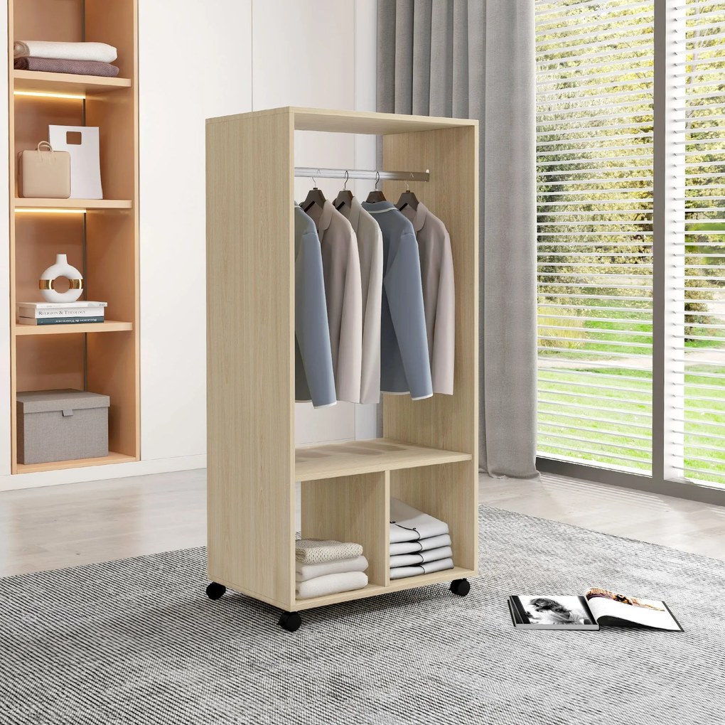 HOMCOM Skříň s kolečky - Otevřený design, organizér s šatní tyčí a policemi pro oblečení do ložnice 60x40x128 cm - Přírodní dřevo