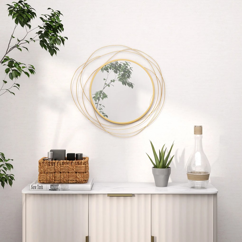 HOMCOM Nástěnné zrcadlo Ø65 cm s kovovým rámem, dekorativní zrcadlo do předsíně, nástěnné umění do obývacího pokoje a ložnice ve zlaté barvě