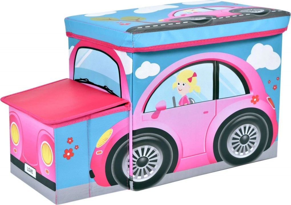 Skládací taburet / koš na hračky Růžové auto