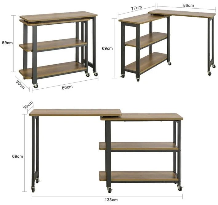 Sobuy SoBuy FWT83-PF Odkládací stolek Rozkládací stolek s kolečky Konferenční stolek Rohový psací stůl Počítačový stůl Průmyslový design 133x69x30cm