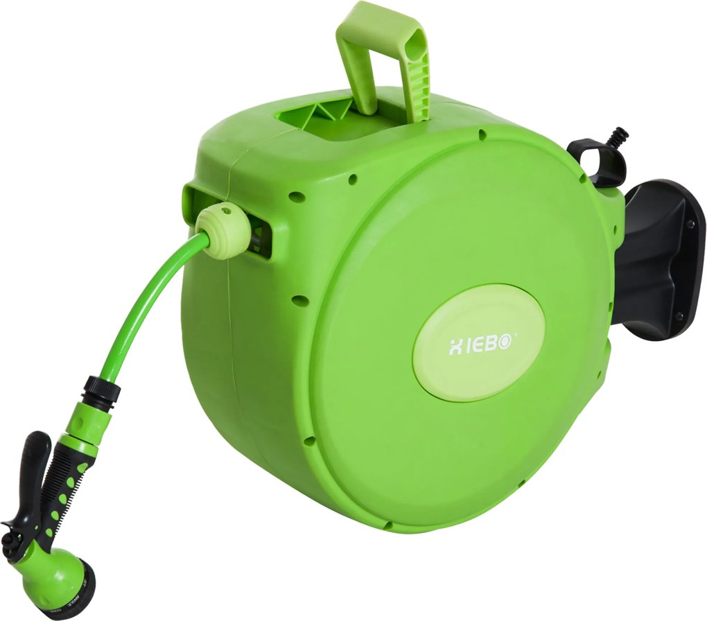 Zatahovací zahradní hadicový naviják Outsunny s 20m hadicí, stěnový naviják s 180° otočením, automatický hadicový naviják pro zavlažování, plast, zele