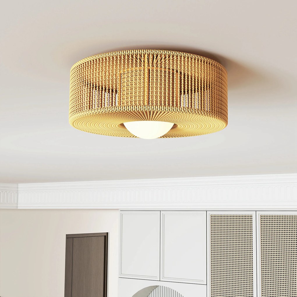 Stropní svítidlo, boho stropní lampa s objímkou G9 LED, kulaté stínítko z konopného provazu