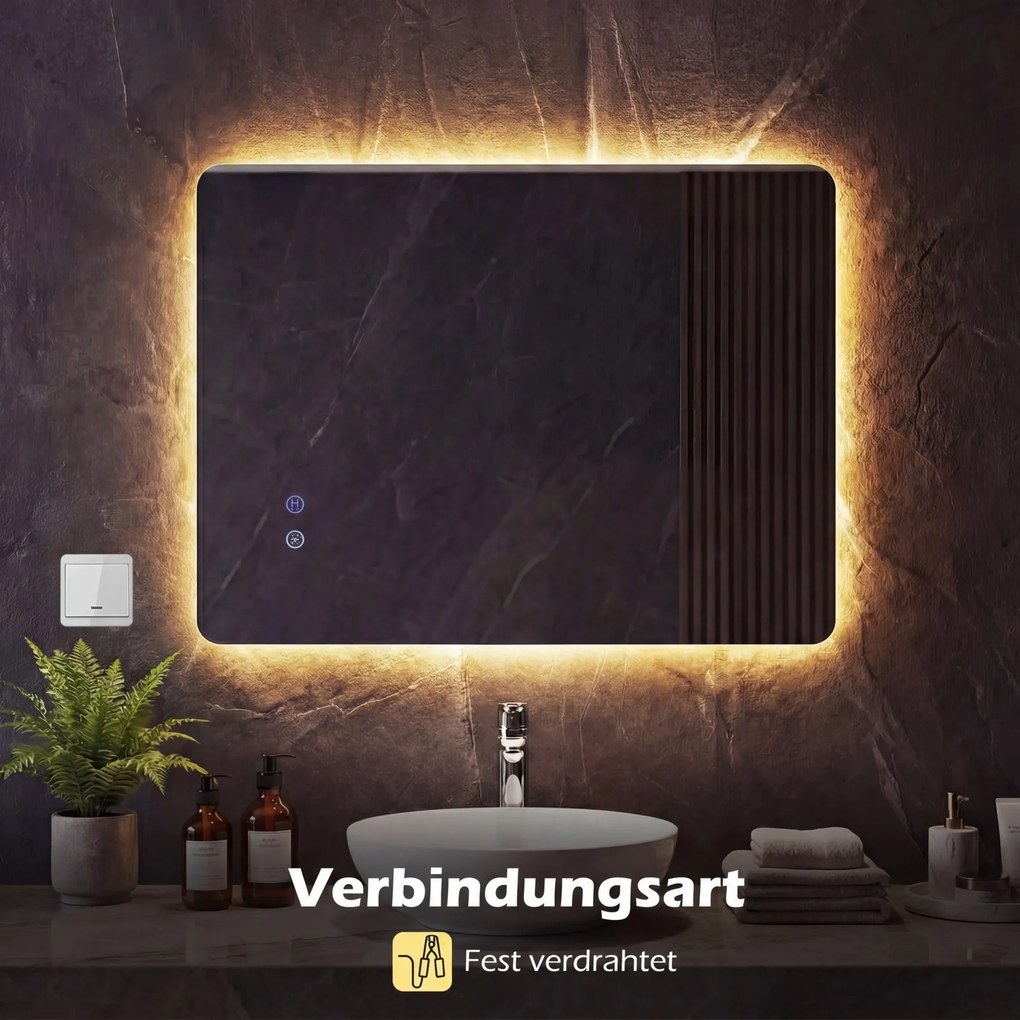 Costway Obdélníkové zrcadlo s LED osvětlením, nástěnné zrcadlo do – 70 × 50 cm