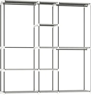 HOMCOM Skříň 182x43x185 cm Otevřená skříň se 8 textilními policemi, tyče na oblečení, kovový rám, světle šedá