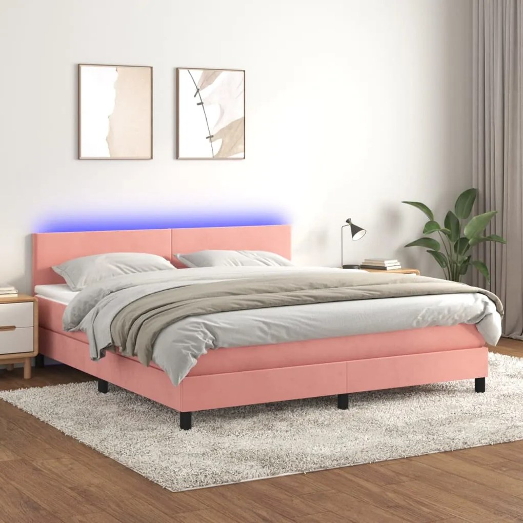 Box spring postel s matrací a LED růžová 180x200 cm samet