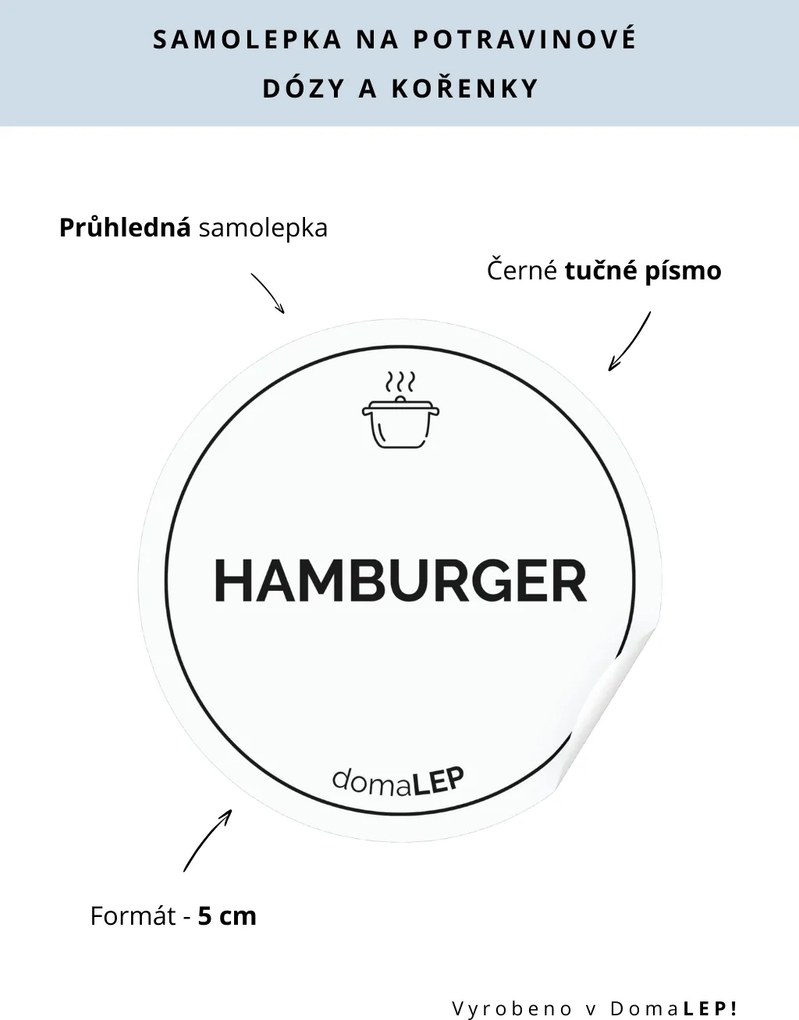 Samolepka na kořenky HAMBURGER průhledná 5 cm tučné písmo