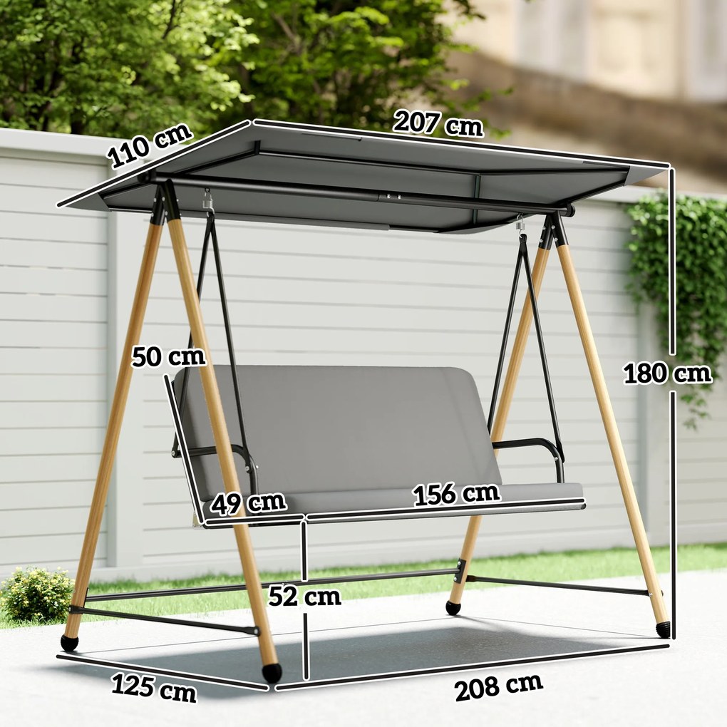 Outsunny zahradní houpačka pro 3 osoby, venkovní houpačka s nastavitelnou střechou a odnímatelným silným polštářem, 208x125x180 cm, šedá