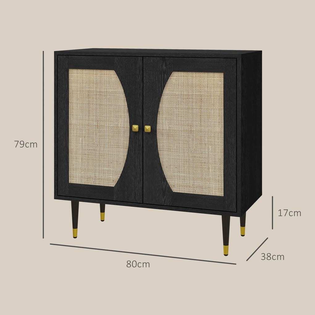 HOMCOM Buffet Skříňka s Dvojitými Dveřmi v Boho Stylu, 2 Úrovně, Ratanový Přední Panel 80 x 38 x 79 cm Černá