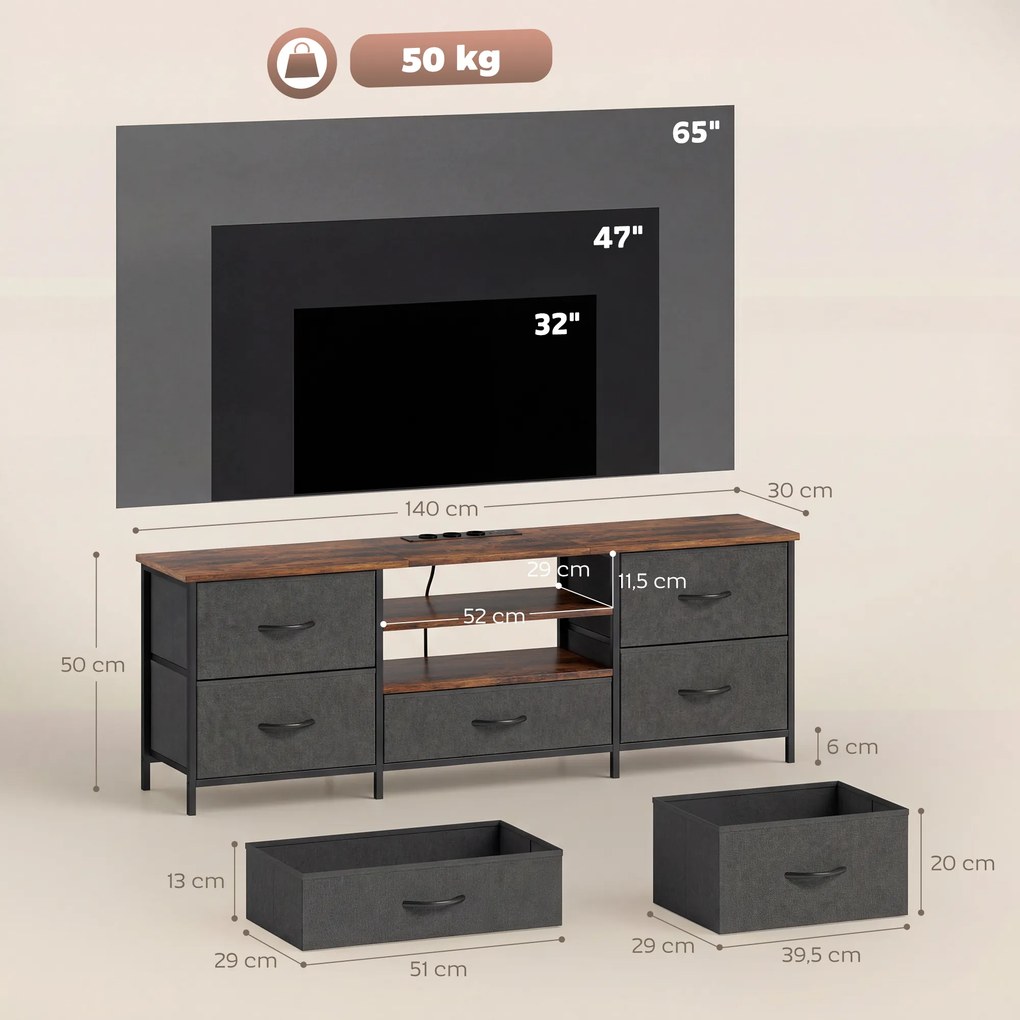 HOMCOM TV nábytek 140 cm, TV stolek 165,1 cm, dokovací stanice, 5 látkových zásuvek, otevřené police, 140x30x50 cm, rustikální hnědá