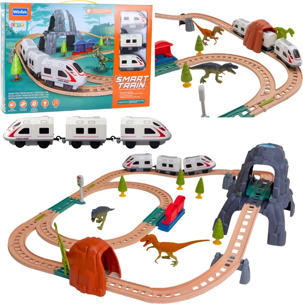 LEAN Toys Elektrický interaktivní vláček s vagóny, tunel, sopka, dinosauři, 95 cm