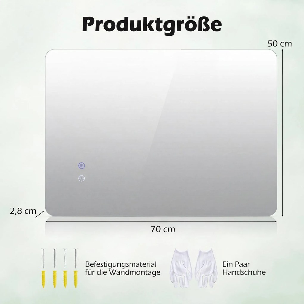 Costway Obdélníkové zrcadlo s LED osvětlením, nástěnné zrcadlo do – 70 × 50 cm