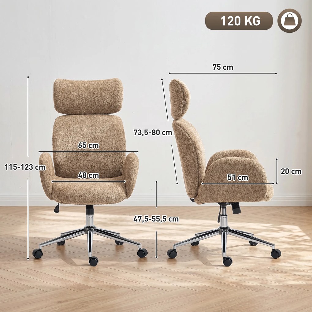 HOMCOM Bouclé kancelářské křeslo do home office – nastavitelná opěrka hlavy, houpací funkce, hnědé