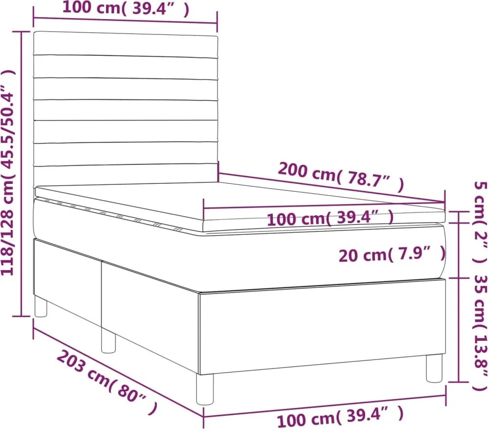 vidaXL Box spring postel s matrací a LED 100x200 cm samet [3136167] Barva: Tmavě šedá