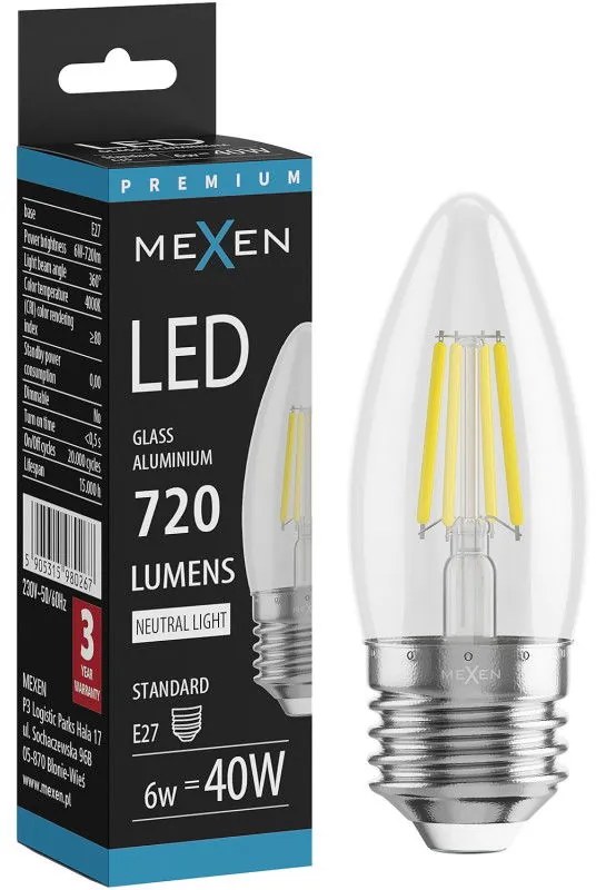 Mexen Vintis LED žárovka s filamentem E27, C35, 6W, Neutrální - 4000K, 720 lm, čirá - L154-E27-0640-00