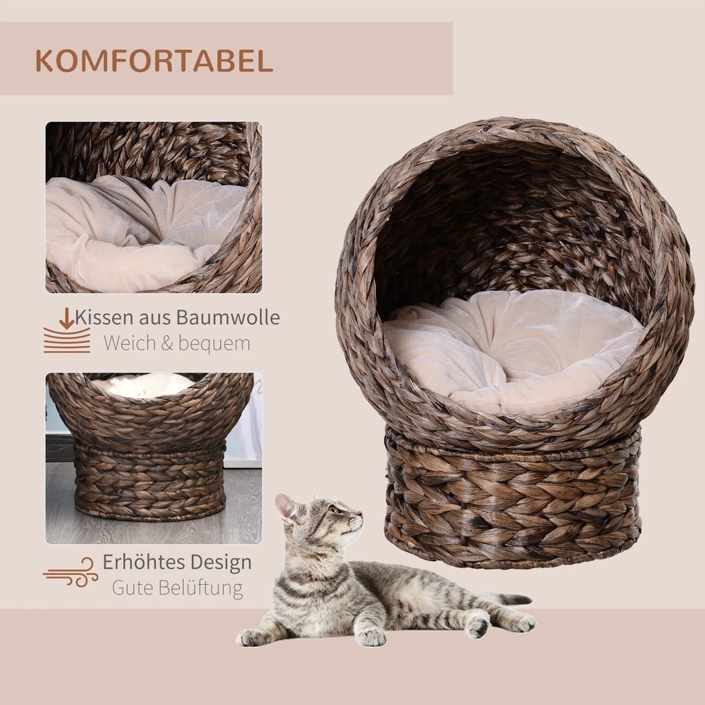 PawHut ratanový koš pro kočky útulná kočičí jeskyně z vodního hyacintu tmavě hnědá 50x42x60cm ideální do obývacího pokoje