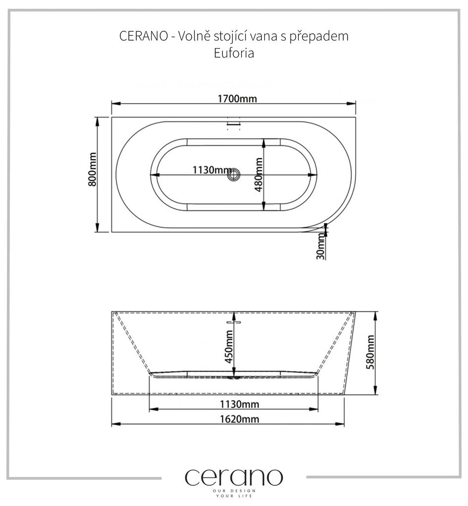 CERANO - Volně stojící vana s přepadem Euforia - levá - bílá lesklá, chromový přepad - 170x80 cm