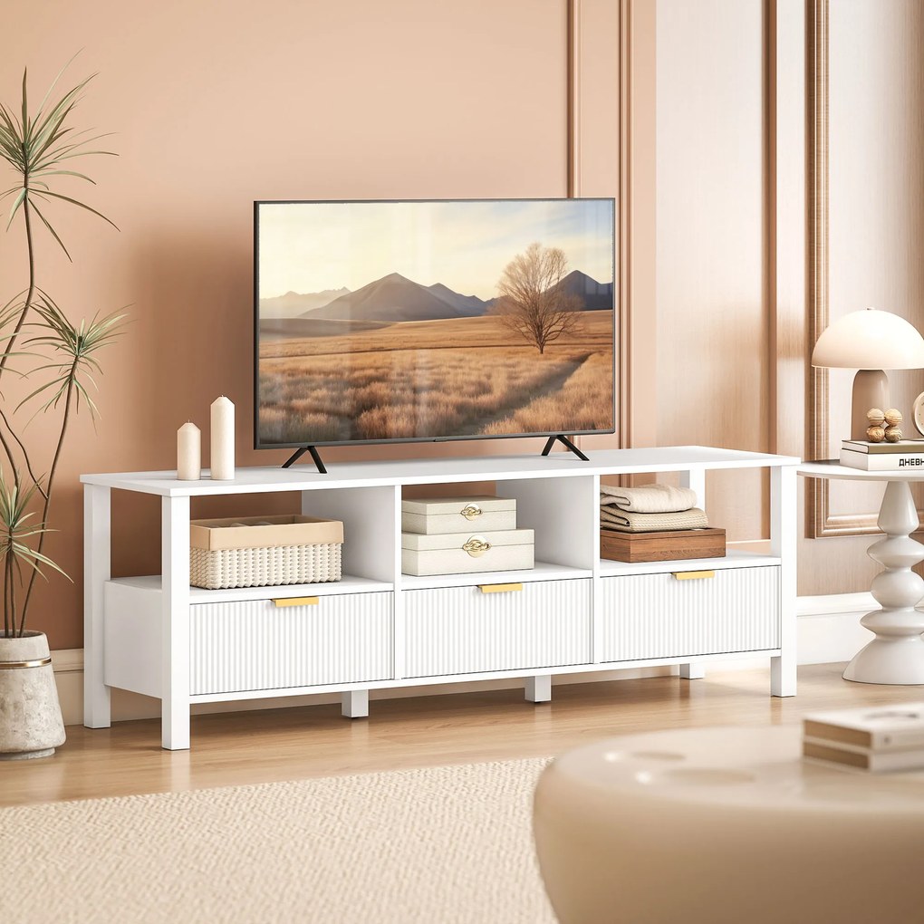 HOMCOM TV nábytek 152 cm, TV nábytek pro televize až 139,7-165,1 cm se 3 zásuvkami a 3 otevřenými přihrádkami, 152x39,5x50 cm, bílá