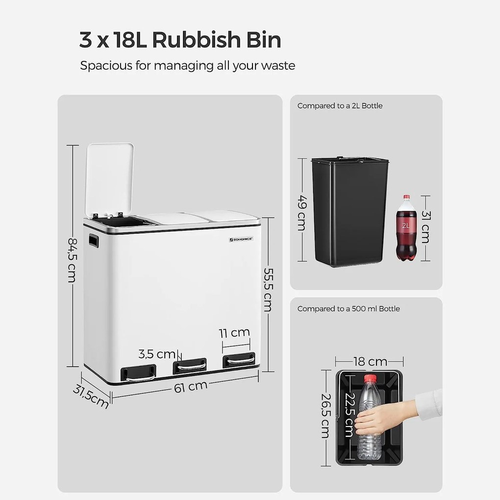Kuchyňský pedálový odpadkový box, selektivní sběr odpadu, 3 x 18 l, bílý