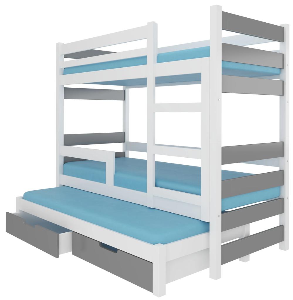 Patrová postel pro tři osoby s matracemi KARLO Hlavní barva: Bílá, Další barva: Šedá