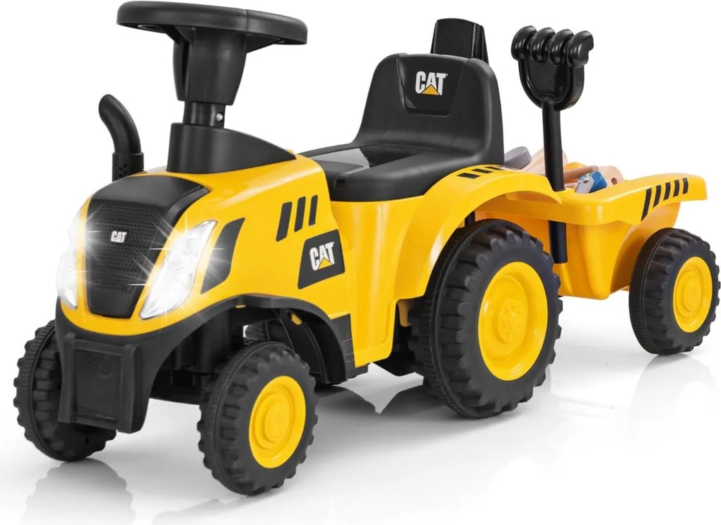 Costway Dětský traktor Caterpillar s bagrem a přívěsem, žlutý