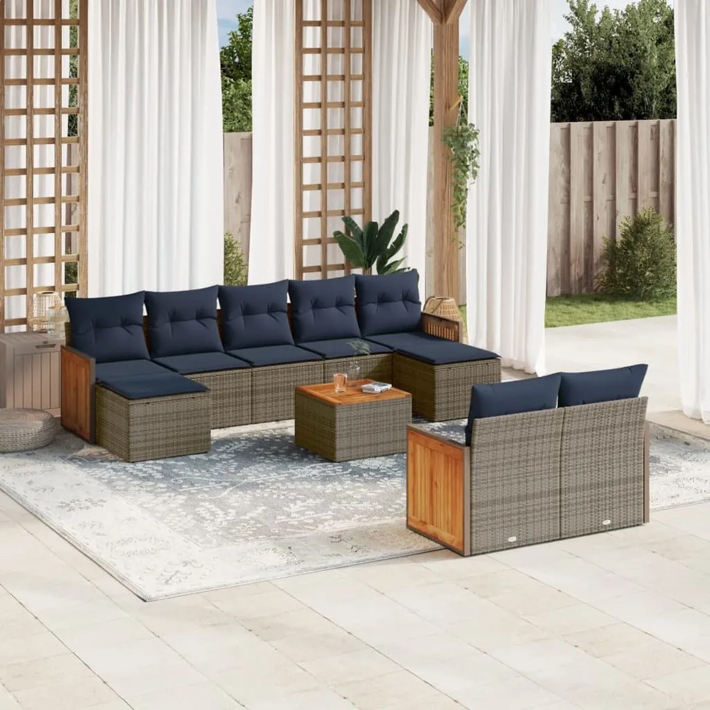 10dílná zahradní sada pohovek s polštáři šedá polyratan 3228091