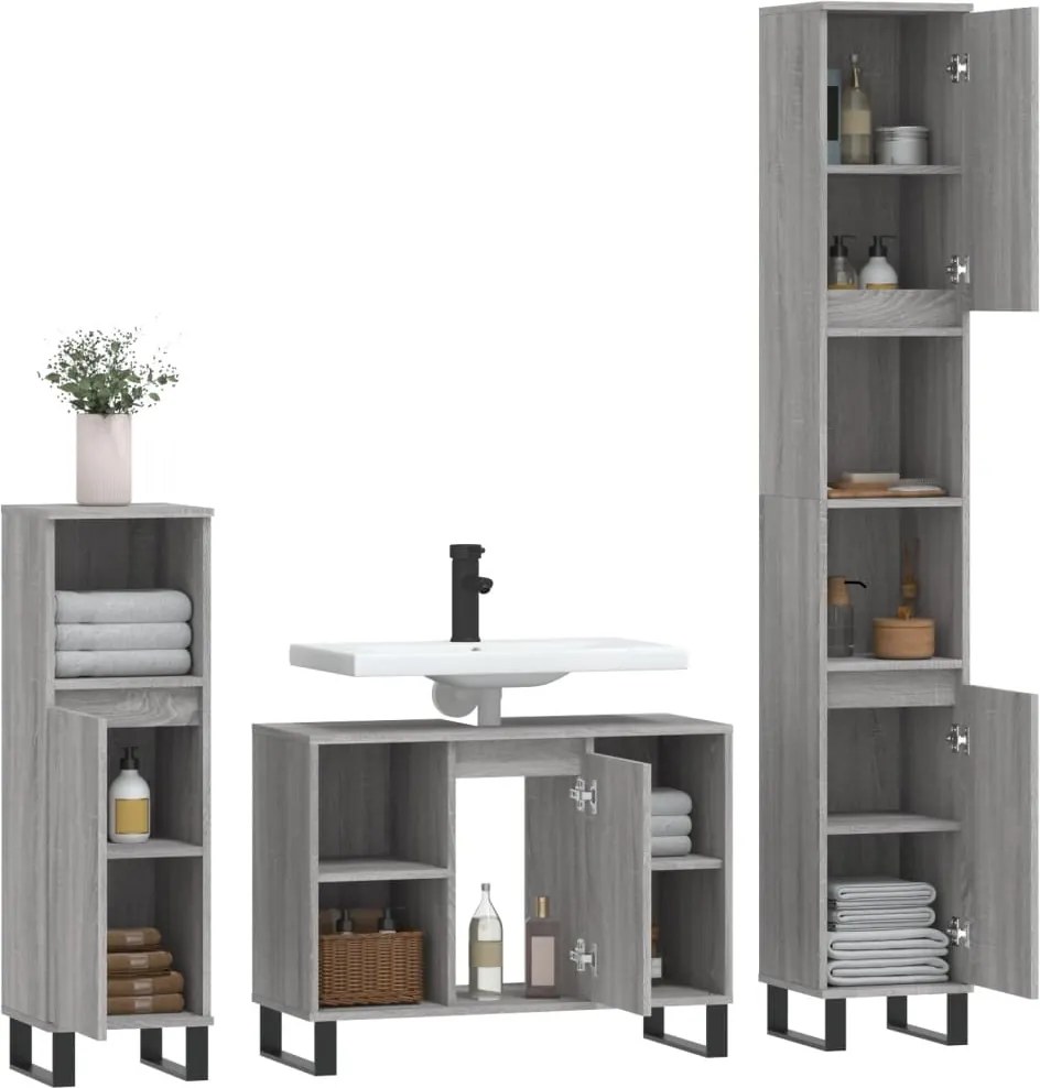 3dílný set koupelnového nábytku šedý sonoma kompozitní dřevo 3190313
