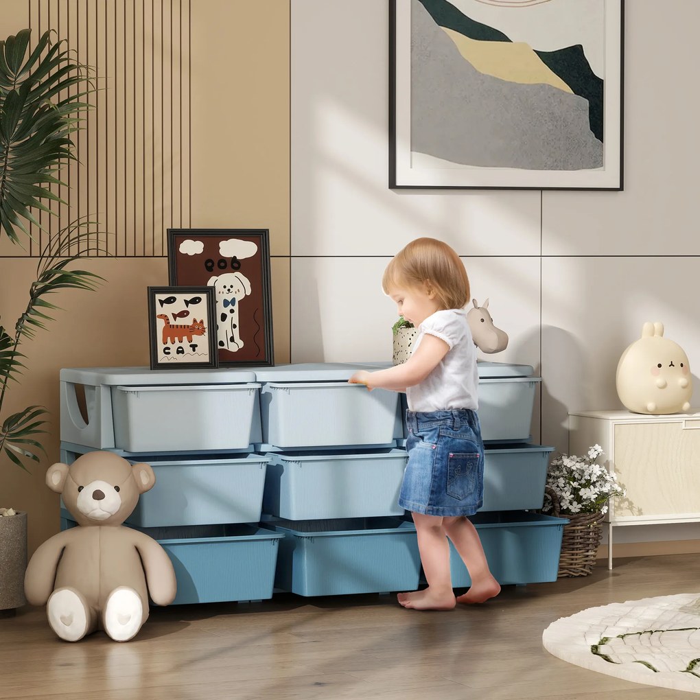 HOMCOM komoda s 9 zásuvkami pro děti – organizér na hračky, modrá, 113 x 37 x 56,5 cm – pro děti 3–6 let