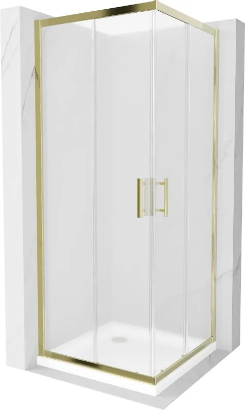 Mexen Rio, čtvercový sprchový kout s posuvnými dveřmi 80 (dveře) x 80 (dveře) x 190 cm, 5mm sklo námraza, zlatý profil + bílá sprchová vanička SLIM, 860-080-080-50-30-4010G