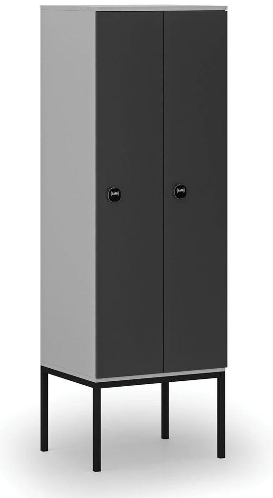 Dřevěná šatní skříňka S4 s podnoží, 2 oddíly, 1871 x 600 x 500 mm, demont, RFID zámek, šedá/grafit