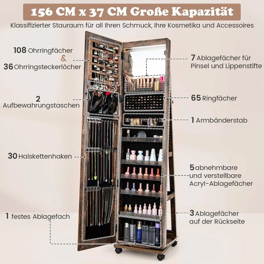 Costway Uzamykatelná šperkovnice s integrovaným kosmetickým zrcadlem