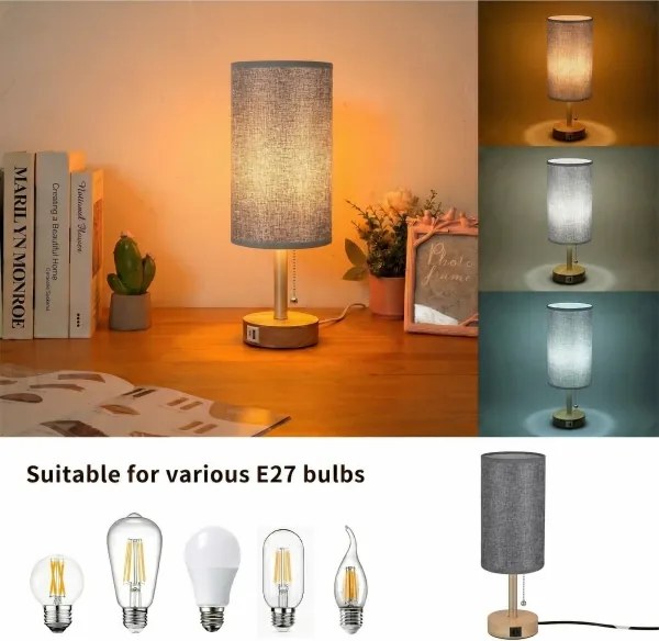 Brilagi - Stolní lampa s USB portem TABLON 1xE27/25W/230V dub/béžová/šedá
