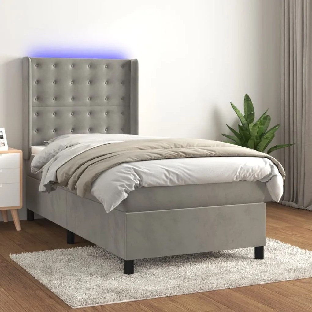 Box spring postel s matrací a LED světle šedá 90x190 cm samet